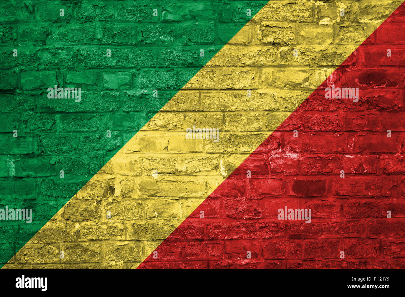 Flag of Republic of Congo over an old brick wall background, surface ...