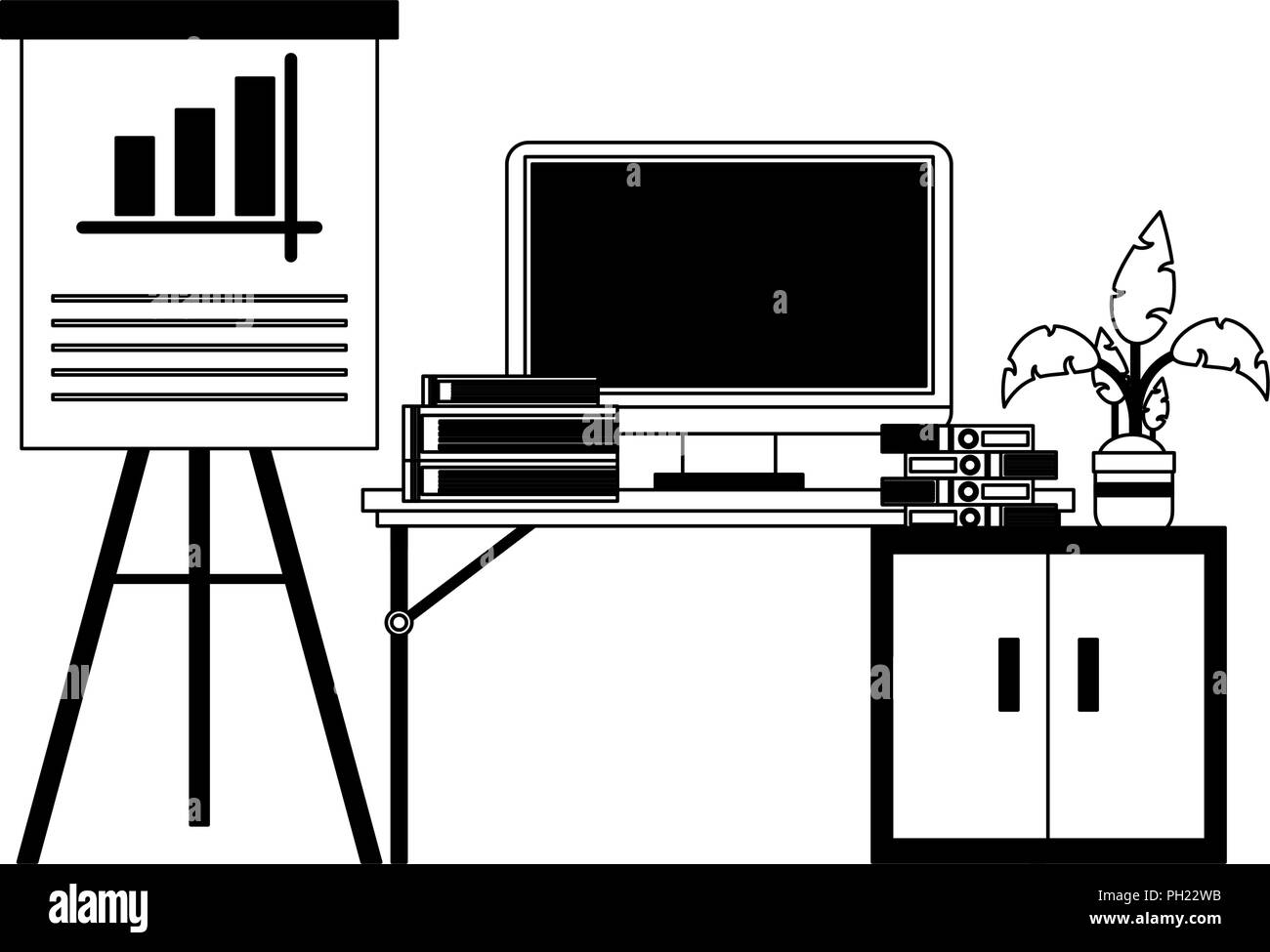 Office with computer in black and white Stock Vector Image & Art - Alamy