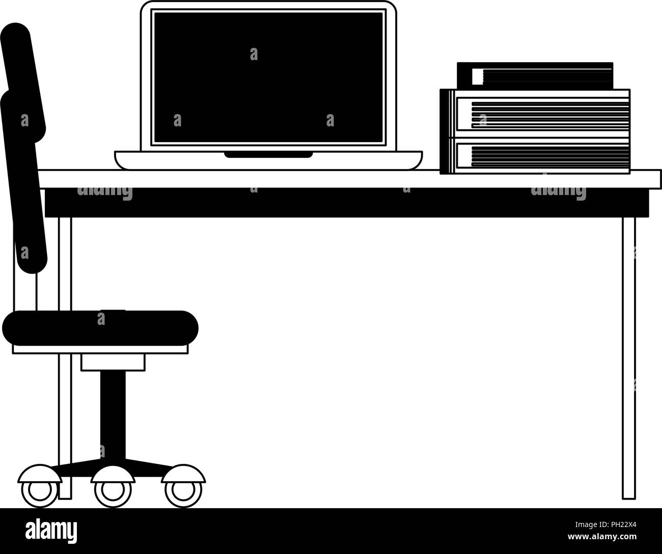 Illustration of computer and books Black and White Stock Photos ...