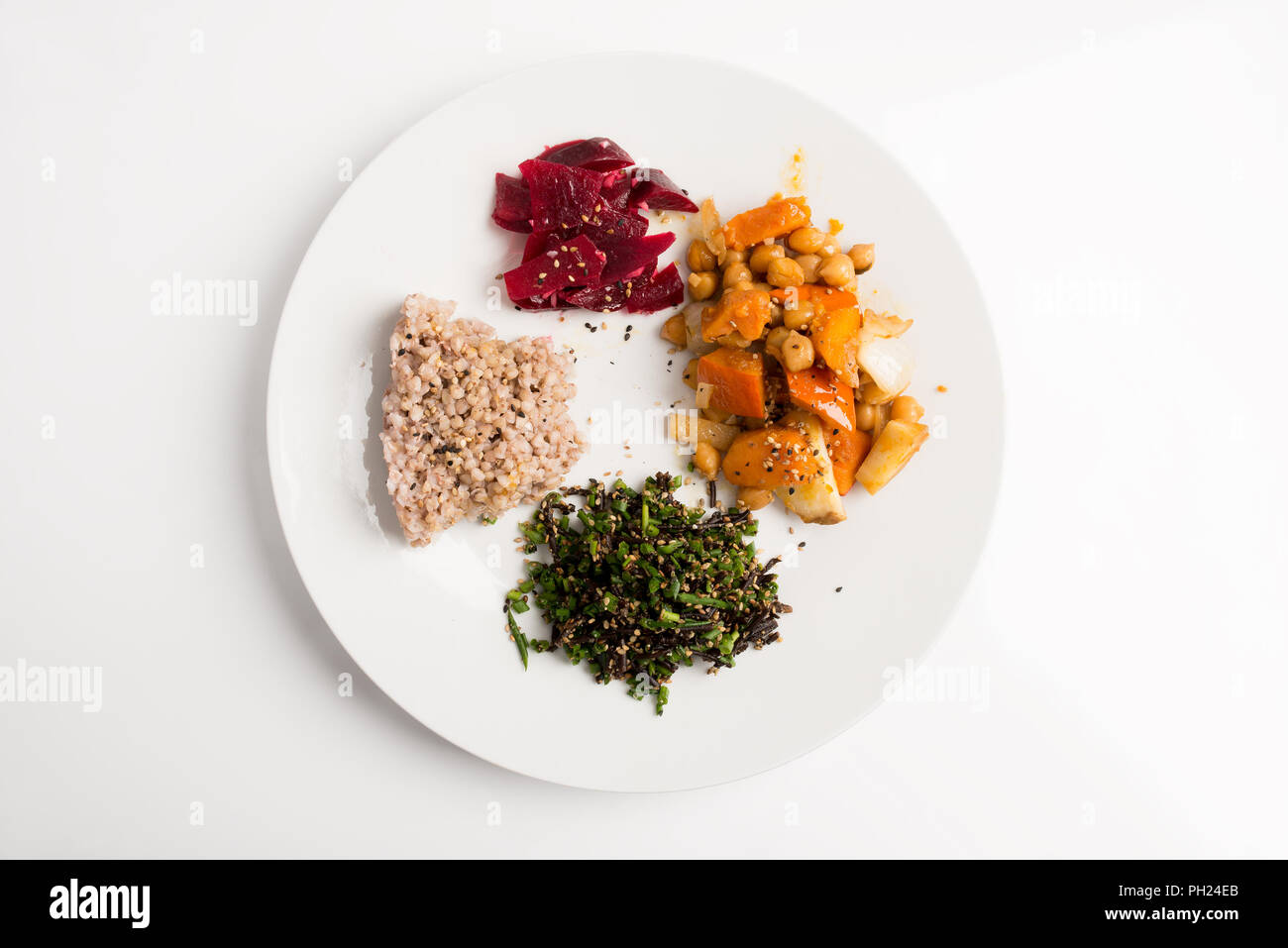 Top view of nutritious macrobiotic plate - buckwheat, seaweed with ...