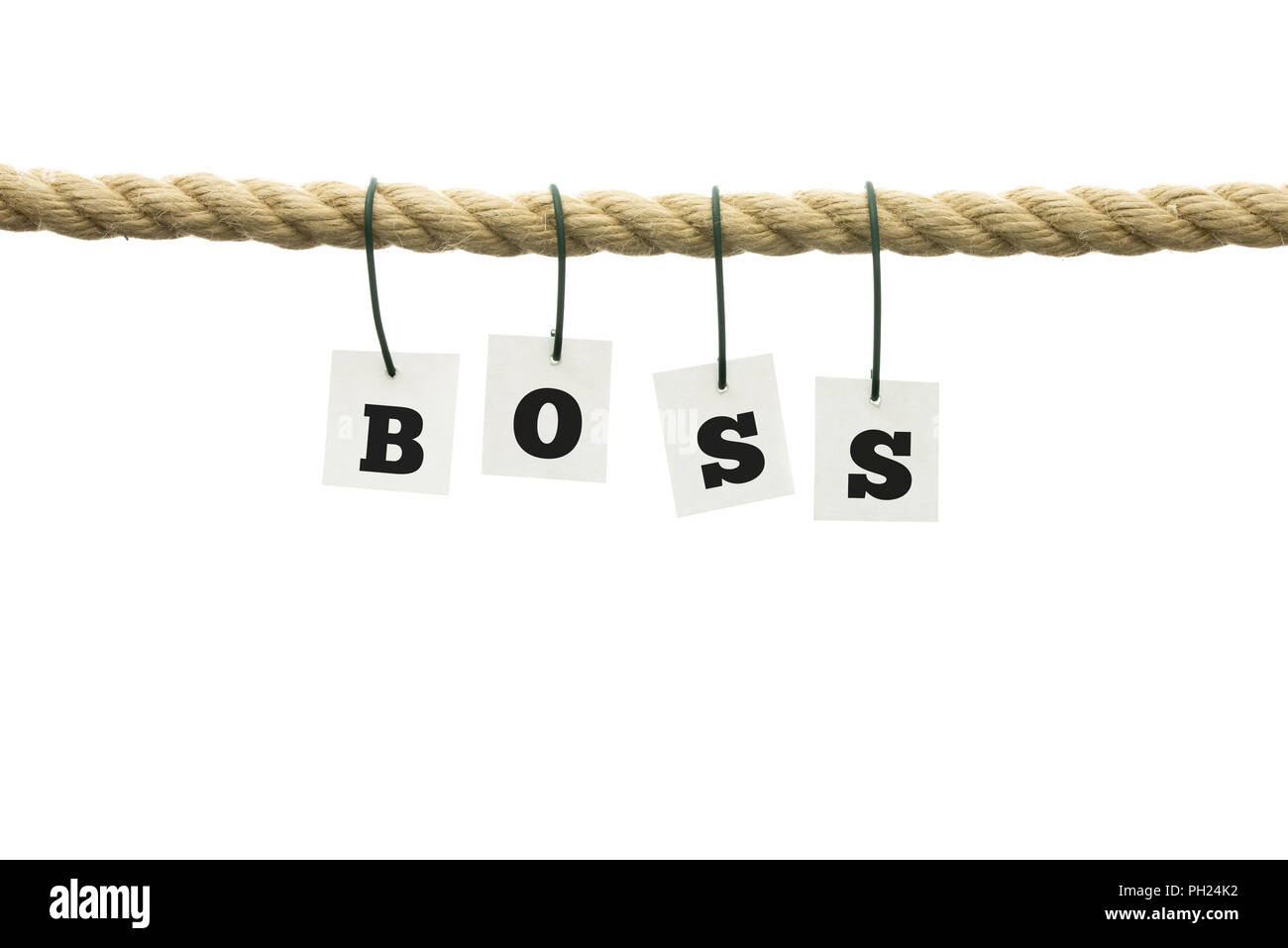 Letters spelling - Boss - hanging on small cards by wires from a length ...