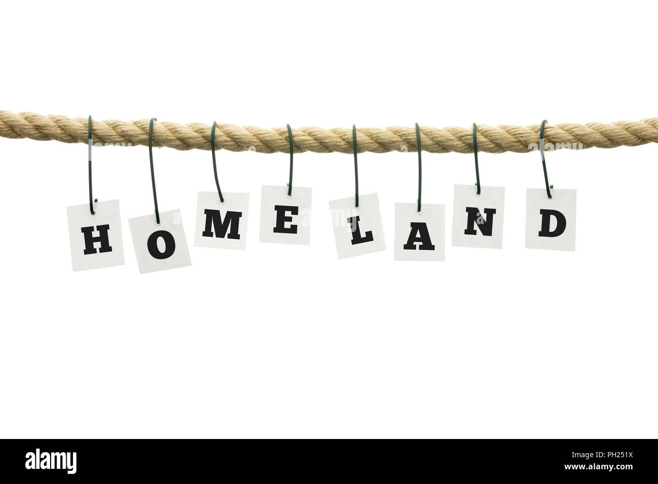 Sign Homeland hanging from a frayed rope across a white background with ...