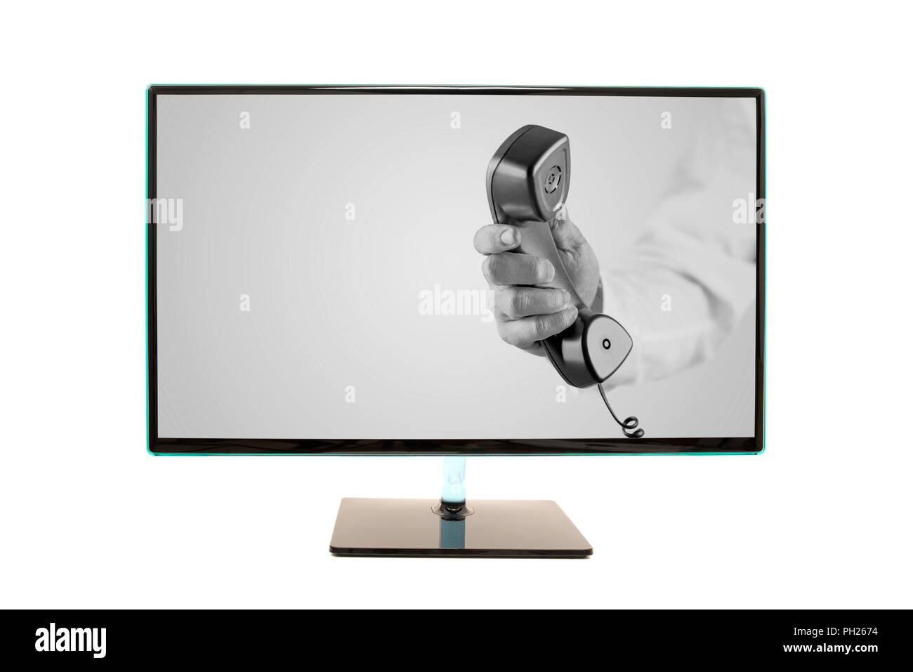 Flat Screen Television with Hand Holding Telephone View in Gray Scale ...