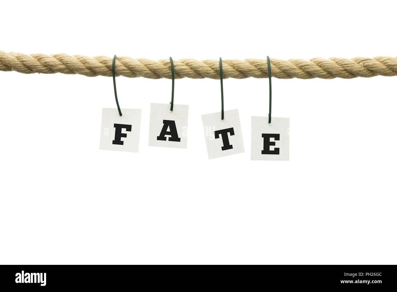 Word - Fate - suspended from a rope with each individual letter ...