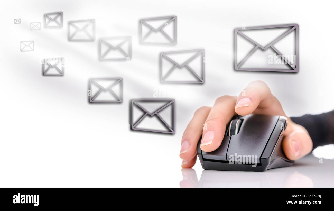Email icons around female hand using computer mouse. Email marketing ...