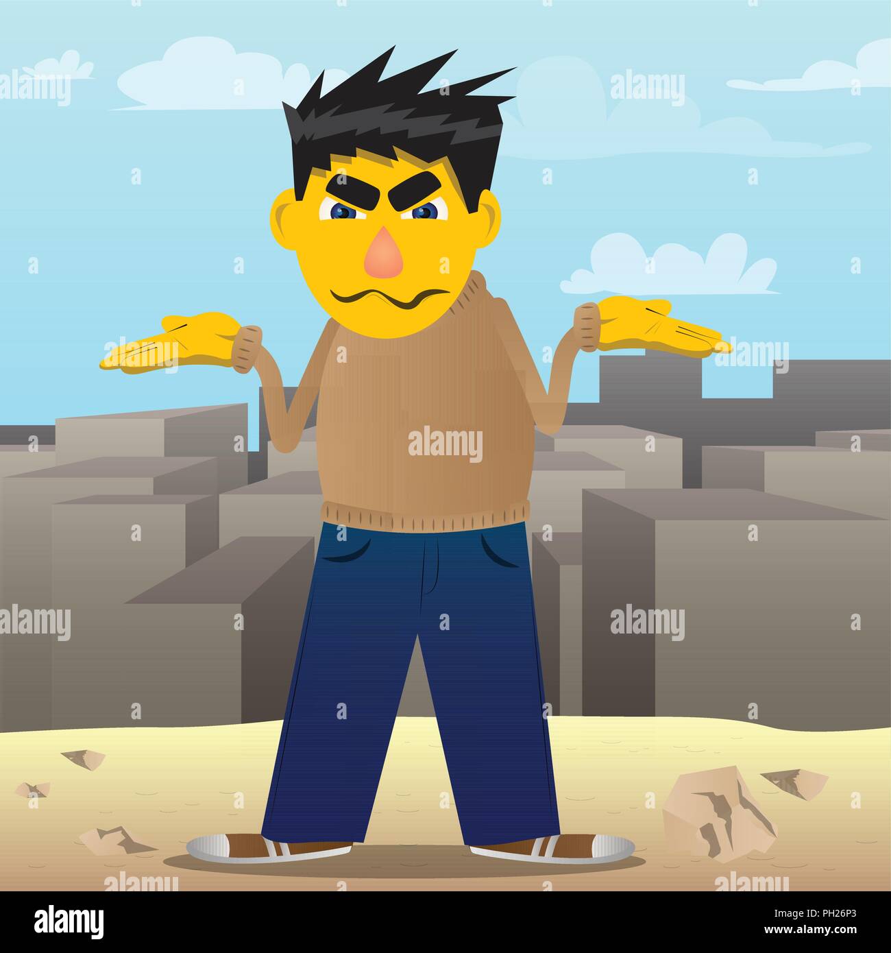 Yellow man shrugs shoulders expressing don't know gesture. Vector ...