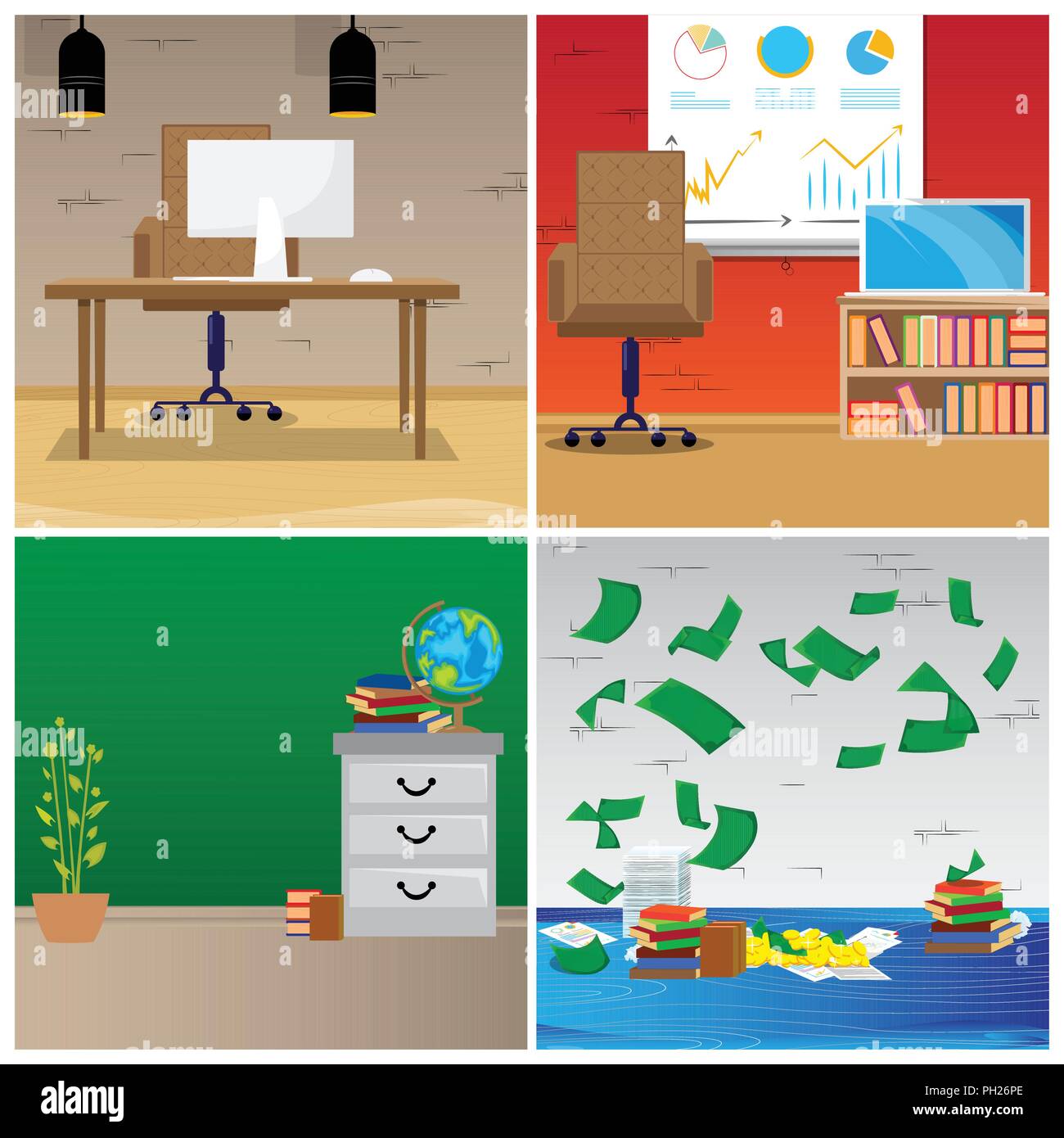 Set of modern offices with lap top, money, furniture and other objects ...