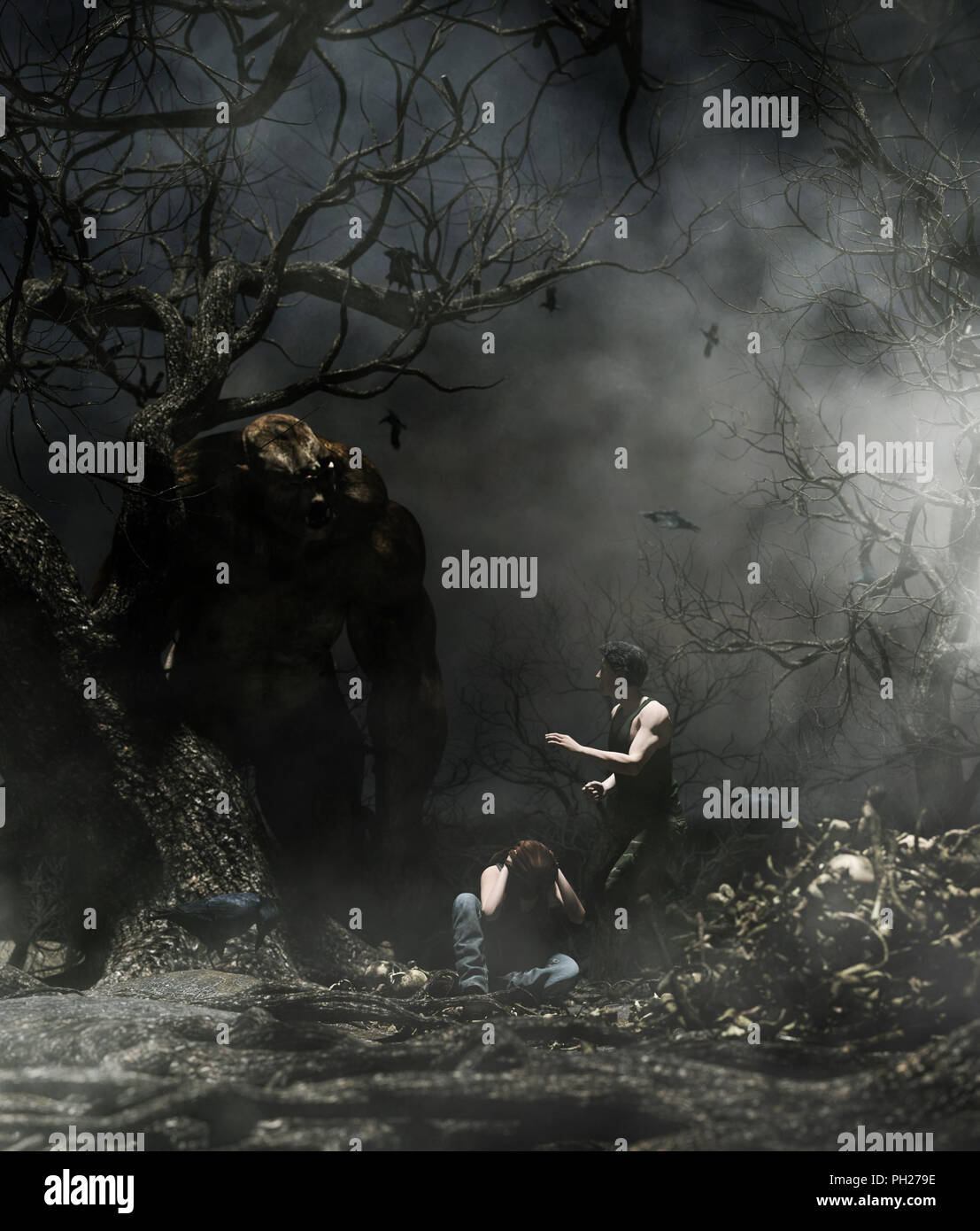 Troll attack a man and a woman in the woods,3d illustration for book ...