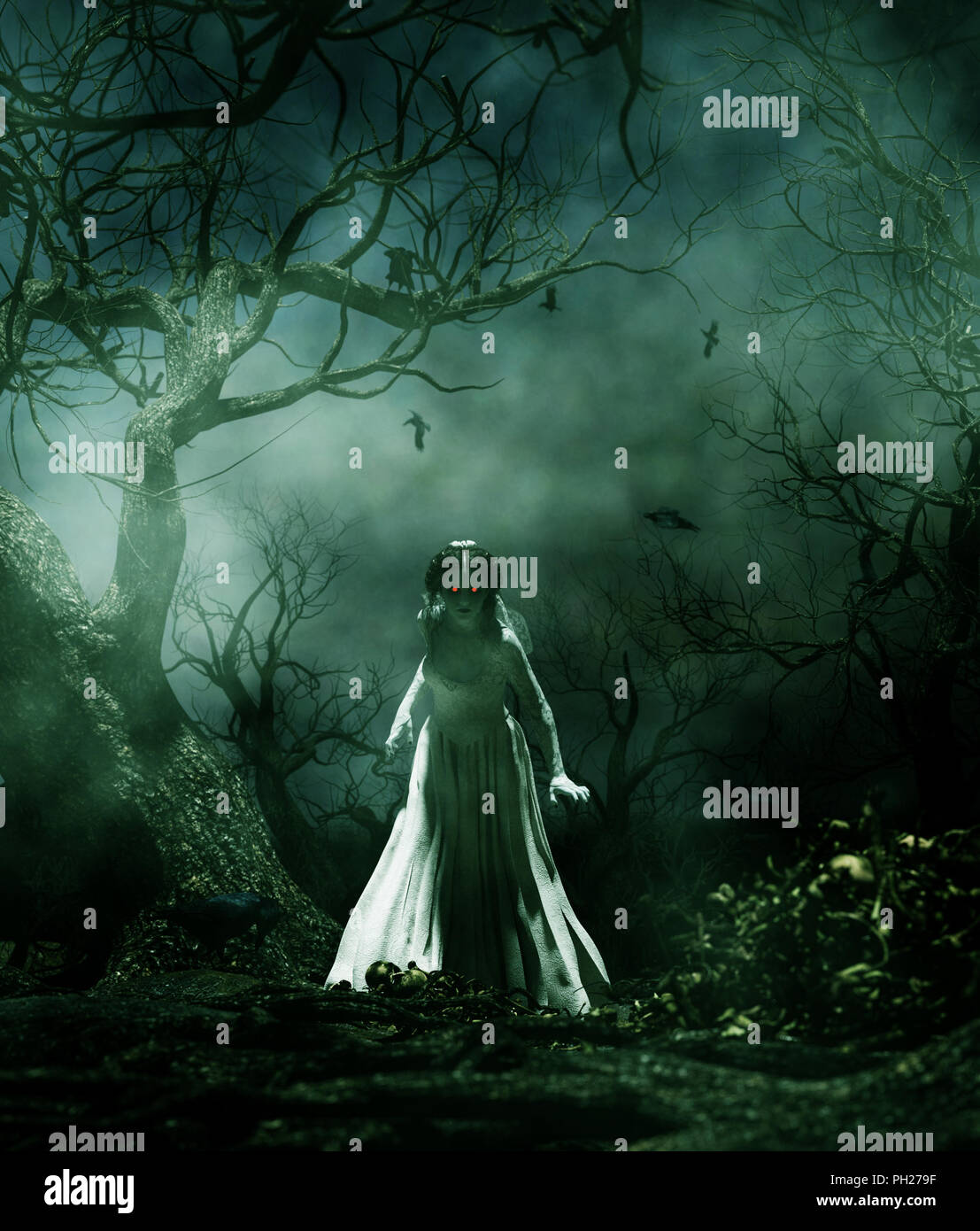Ghost bride in creepy forest,3d illustration for book illustration or ...