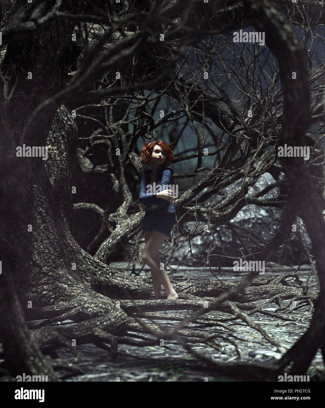 Girl lost in the haunted forest,3d rendering for book cover or book ...
