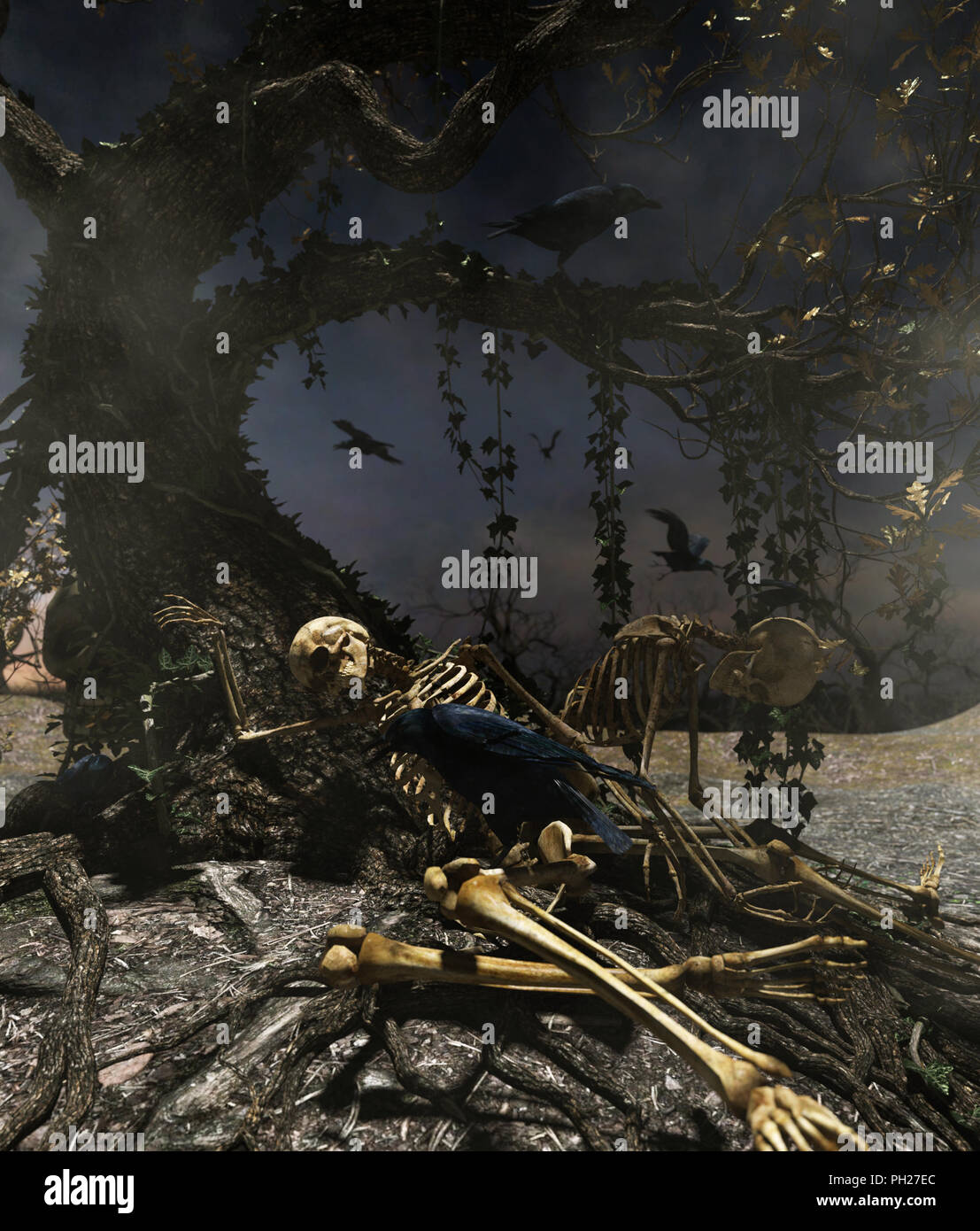 Wait till you death,two human skeleton under the tree on scary gloomy ...