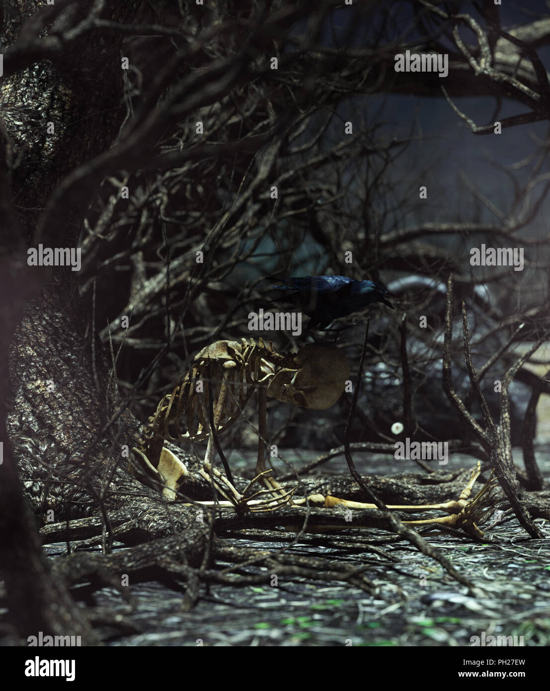 Lost till you death,a crow on human skeleton under the tree on scary ...