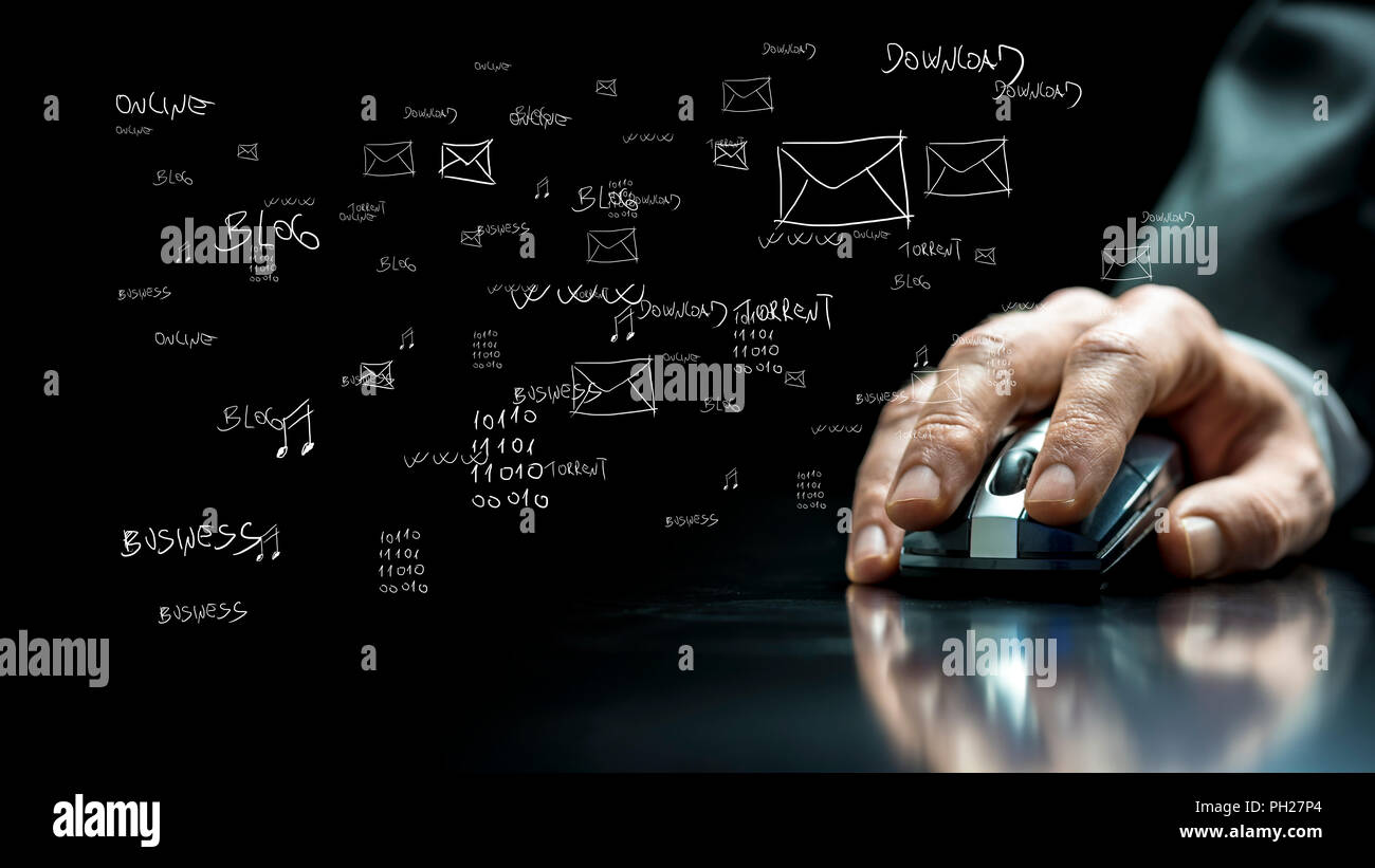 Close up view of the hand of a businessman using a computer mouse on a ...