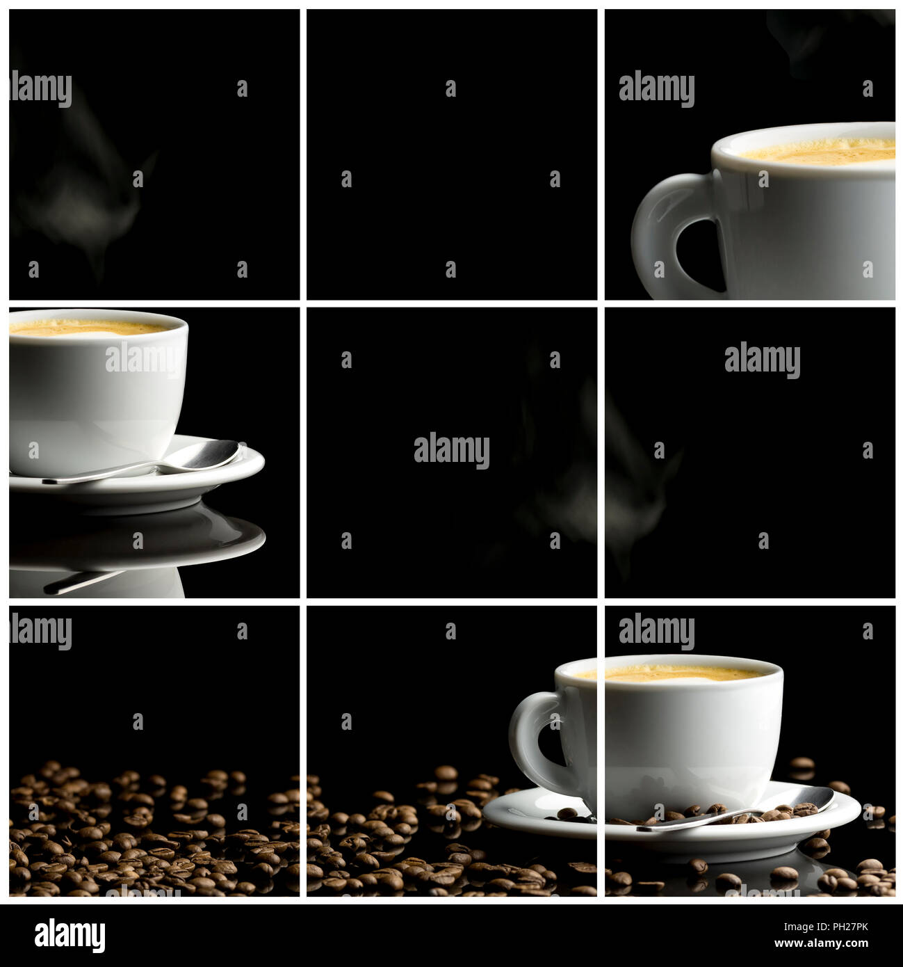 Coffee collage- collection of nine images with coffee. Black background ...