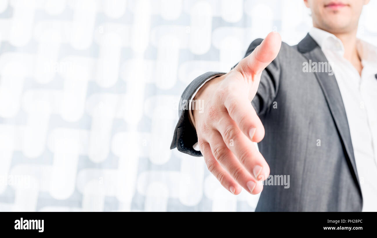 Close up Young Businessman in Black Suit Showing Handshake Gesture at ...