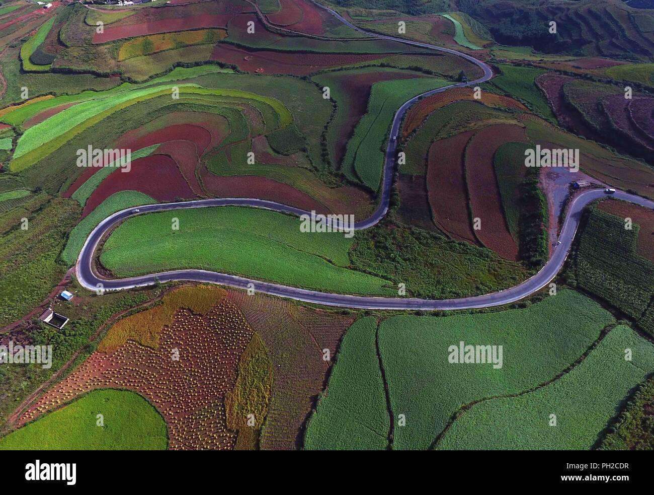 Dongchuan. 29th Aug, 2018. Aerial photo taken on Aug. 29, 2018 shows a ...