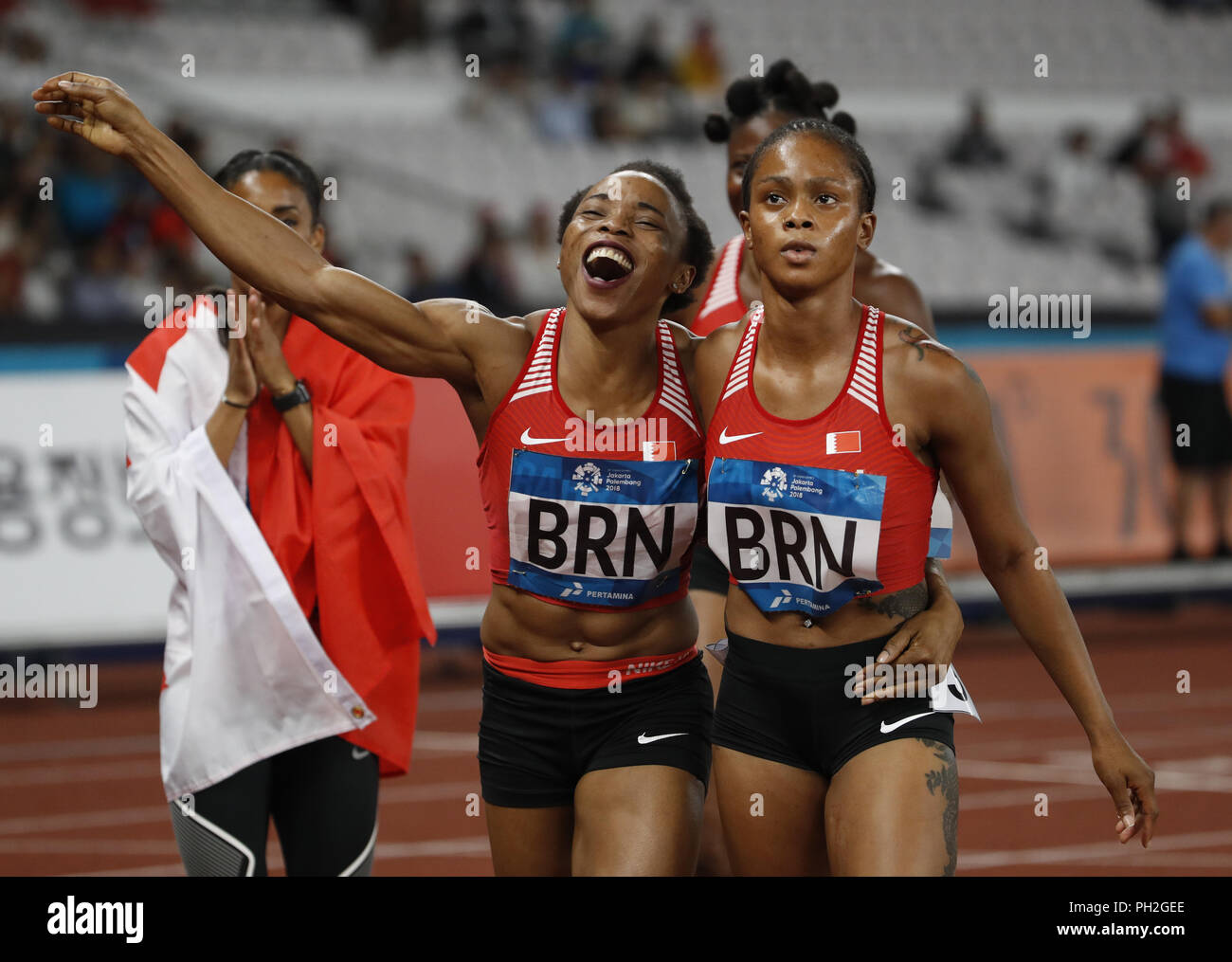 Jakarta. 30th Aug, 2018. Athletes of Bahrain celebrate after women's ...