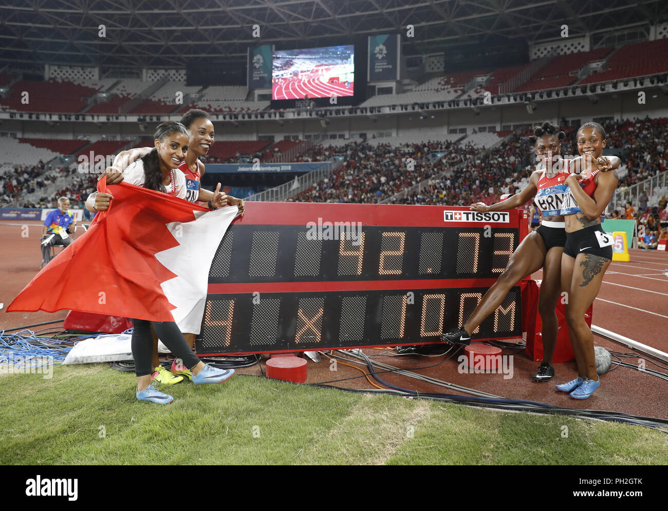 Jakarta. 30th Aug, 2018. Athletes of Bahrain celebrate after women's ...