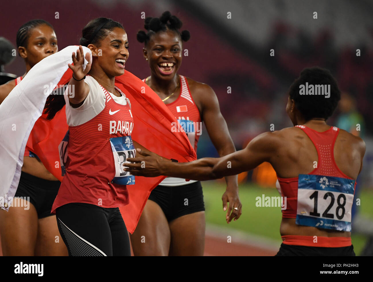 Jakarta. 30th Aug, 2018. Athletes of Bahrain celebrate after women's ...