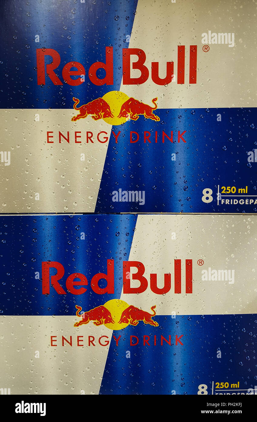 London. UK 30 Aug 2018 - Red Bull energy drinks for sale in a ...