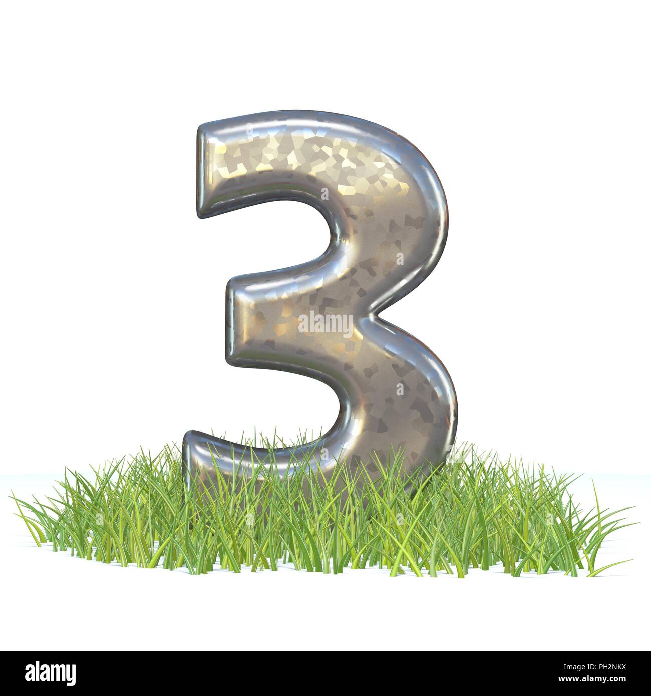 Galvanized metal font Number THREE 3 in grass 3D render illustration ...