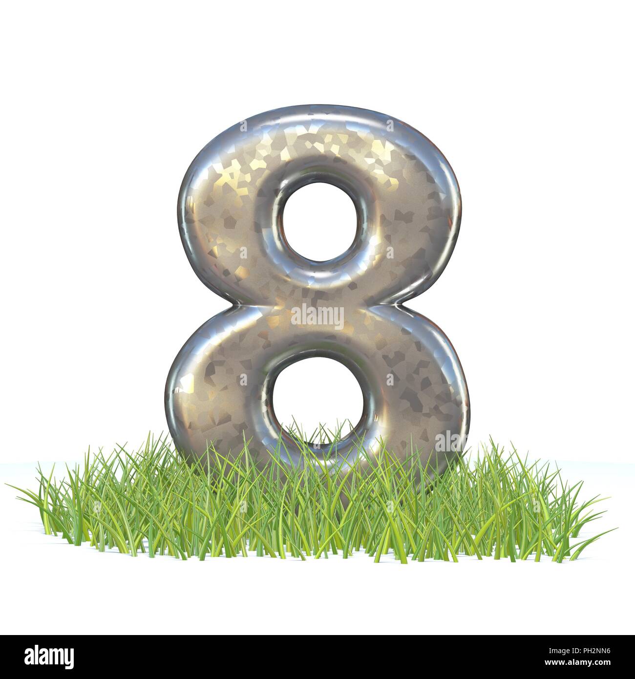 Galvanized metal font Number EIGHT 8 in grass 3D render illustration ...