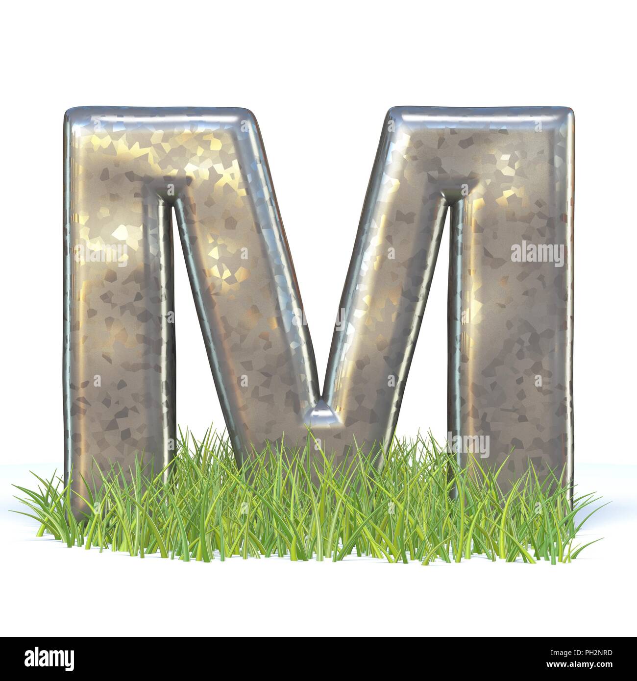 Galvanized metal font Letter M in grass 3D render illustration isolated ...