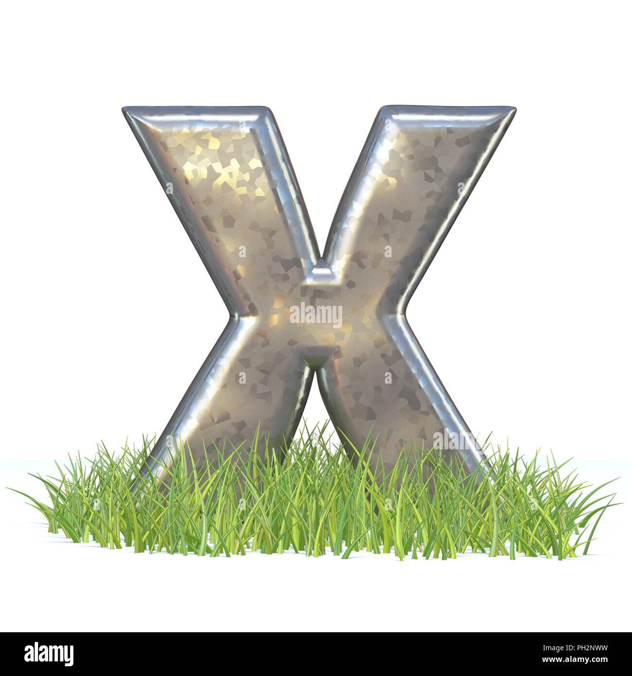 Galvanized metal font Letter X in grass 3D render illustration isolated ...
