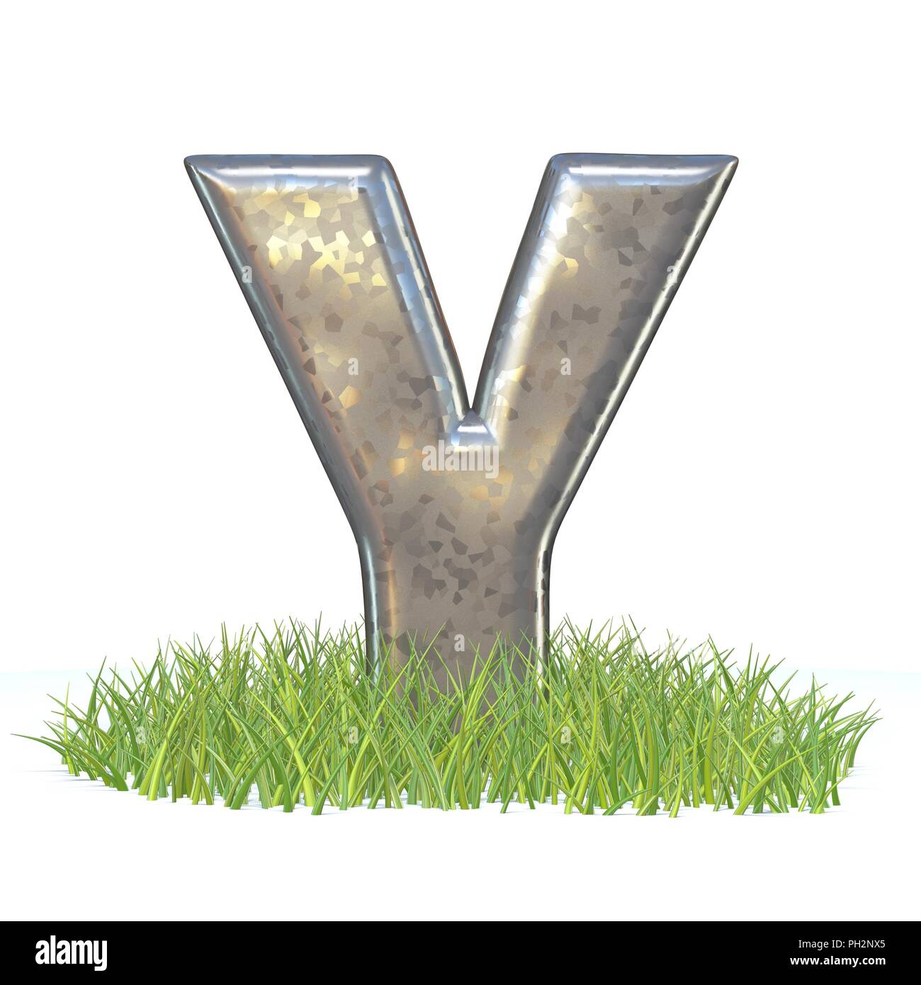 Galvanized metal font Letter Y in grass 3D render illustration isolated ...