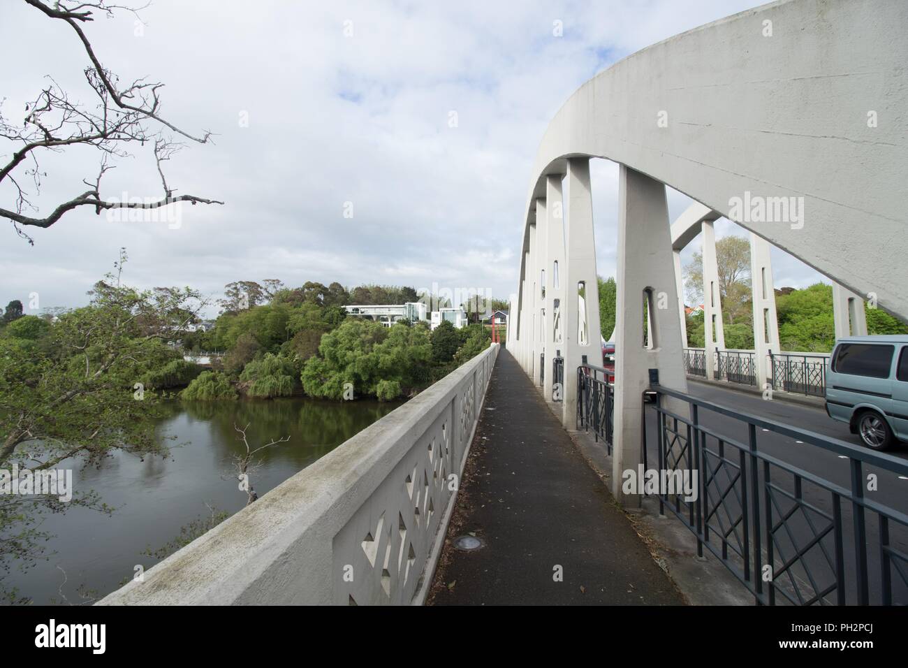 View down the iconic Fairfield Bridge in Hamilton, New Zealand on a ...
