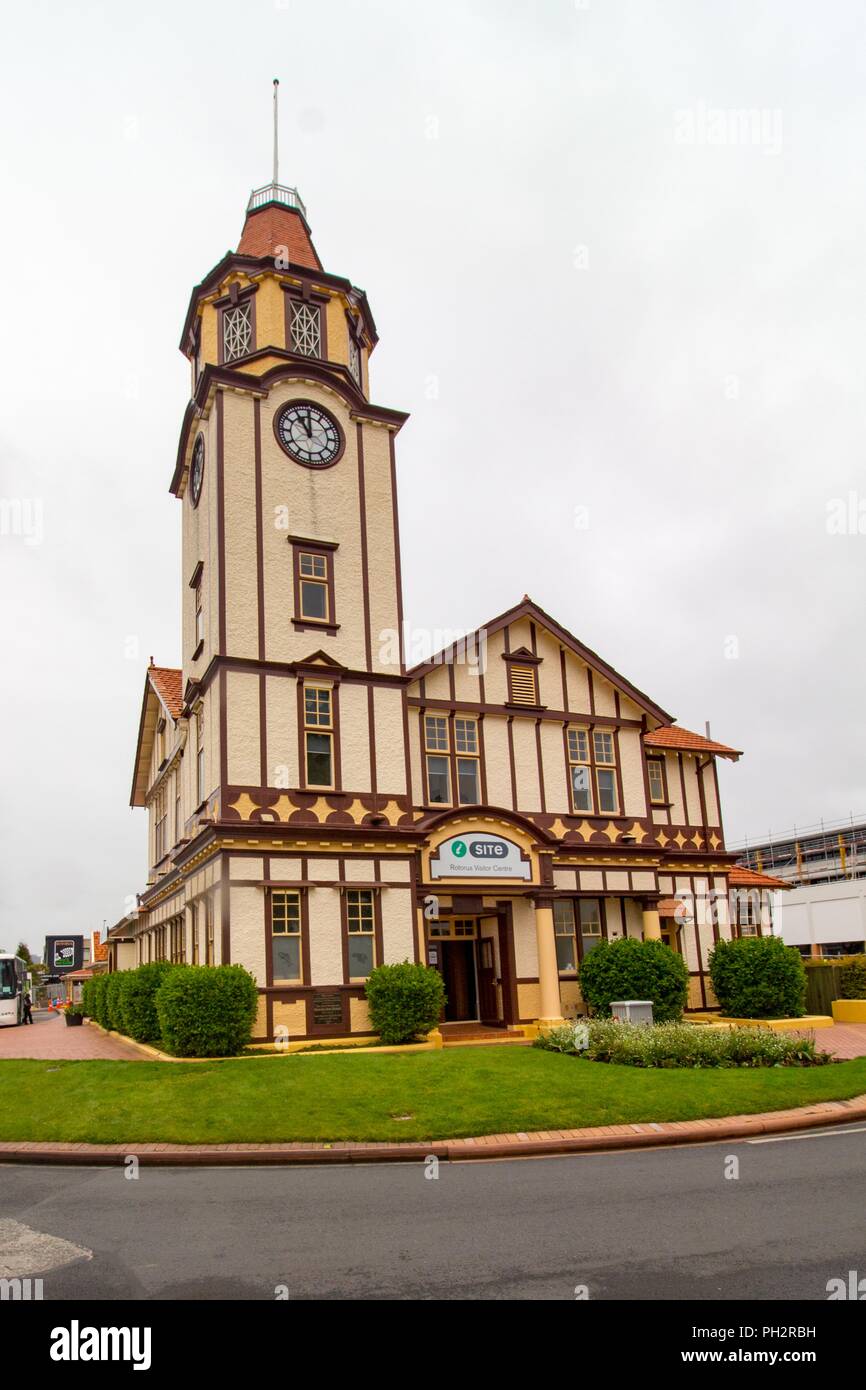 Front view of Rotorua Visitor Center building in downtown Rotorua, New ...