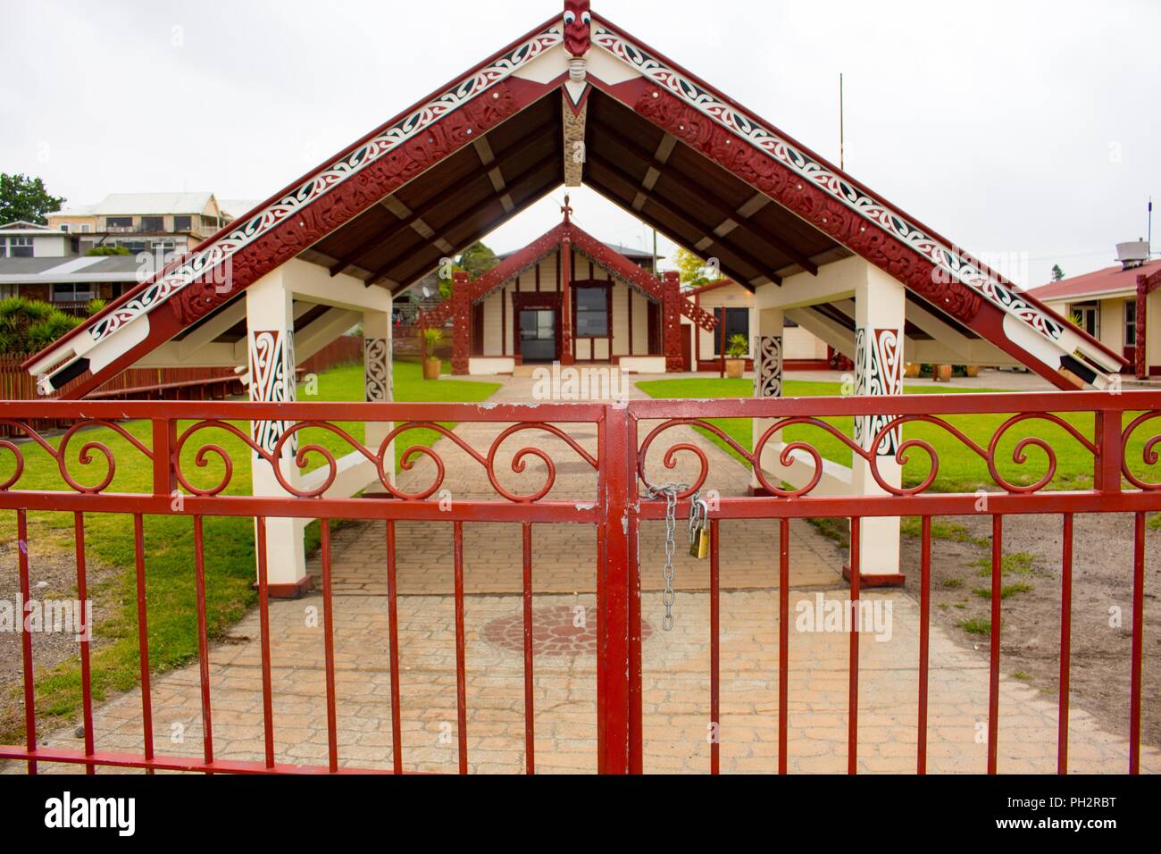 Entrance to Ohinemutu Maori village with elaborate carvings and designs ...