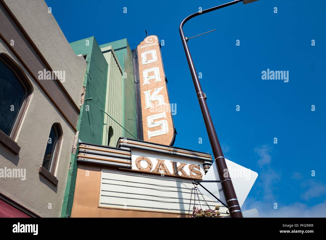 Low-angle view of sign for the historic Oaks Theater in the Thousand ...