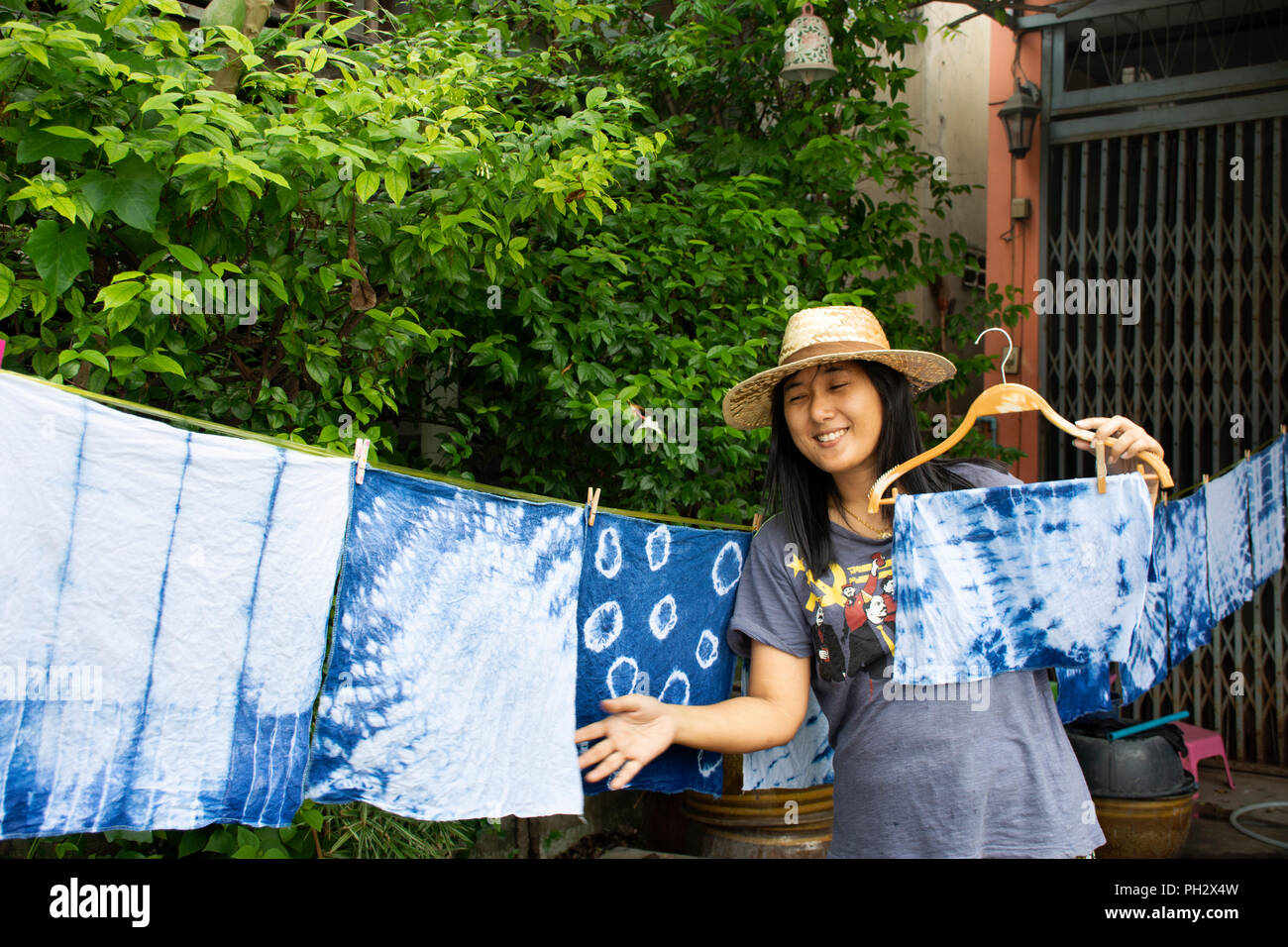 Thai women tie batik dyeing handkerchief tie batik indigo color or ...