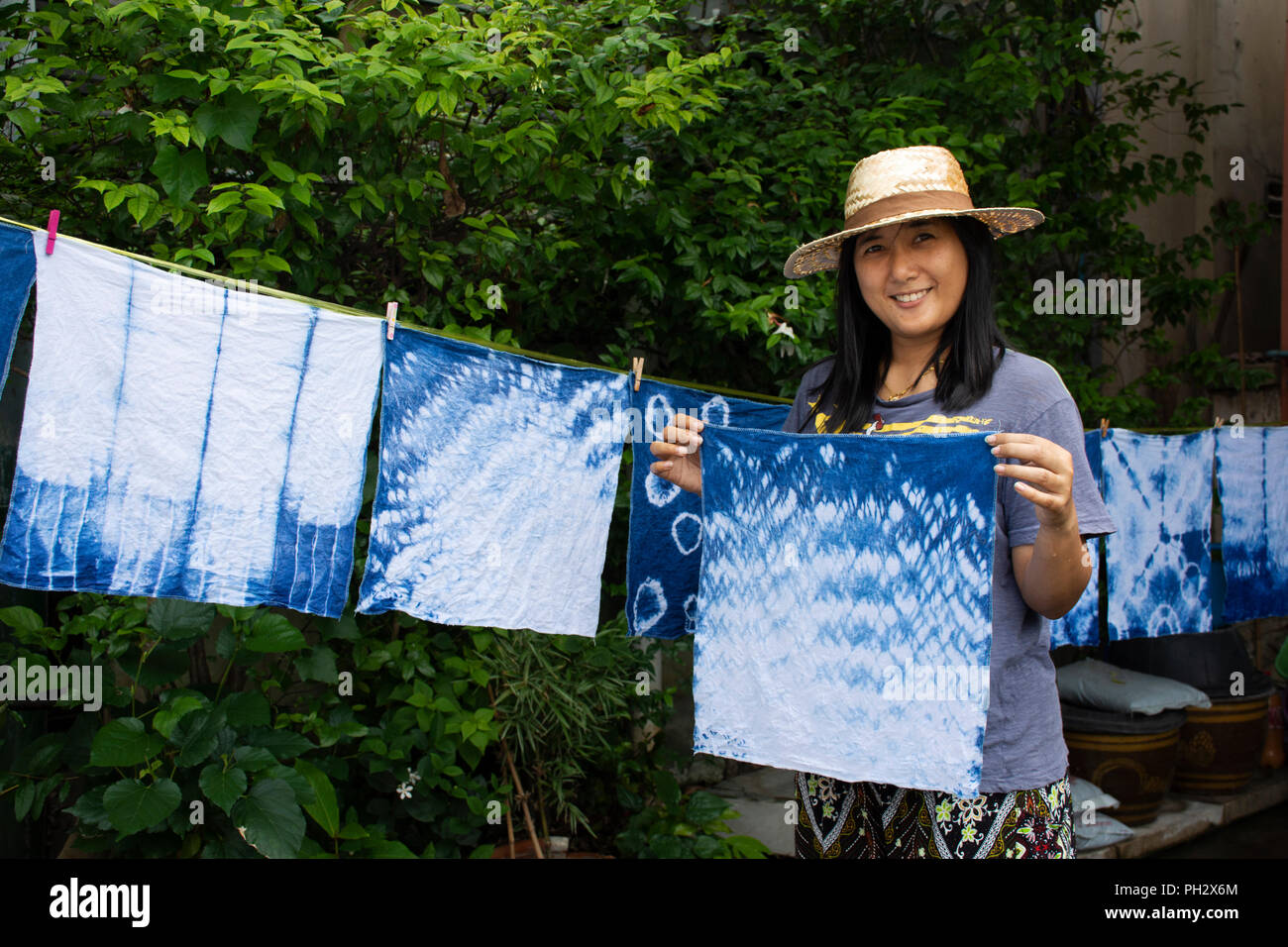 Thai women tie batik dyeing handkerchief tie batik indigo color or ...