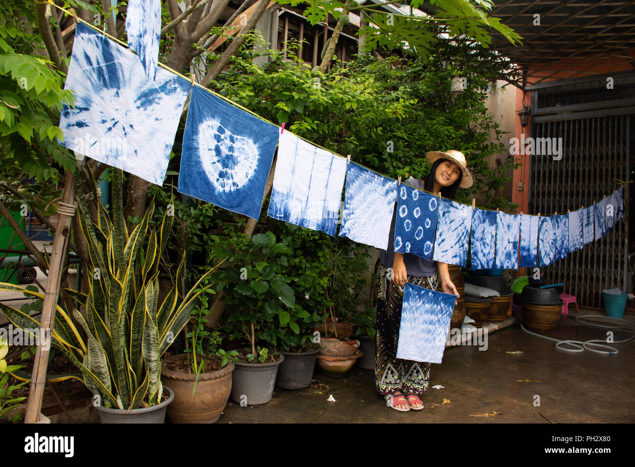 Thai women tie batik dyeing handkerchief tie batik indigo color or ...