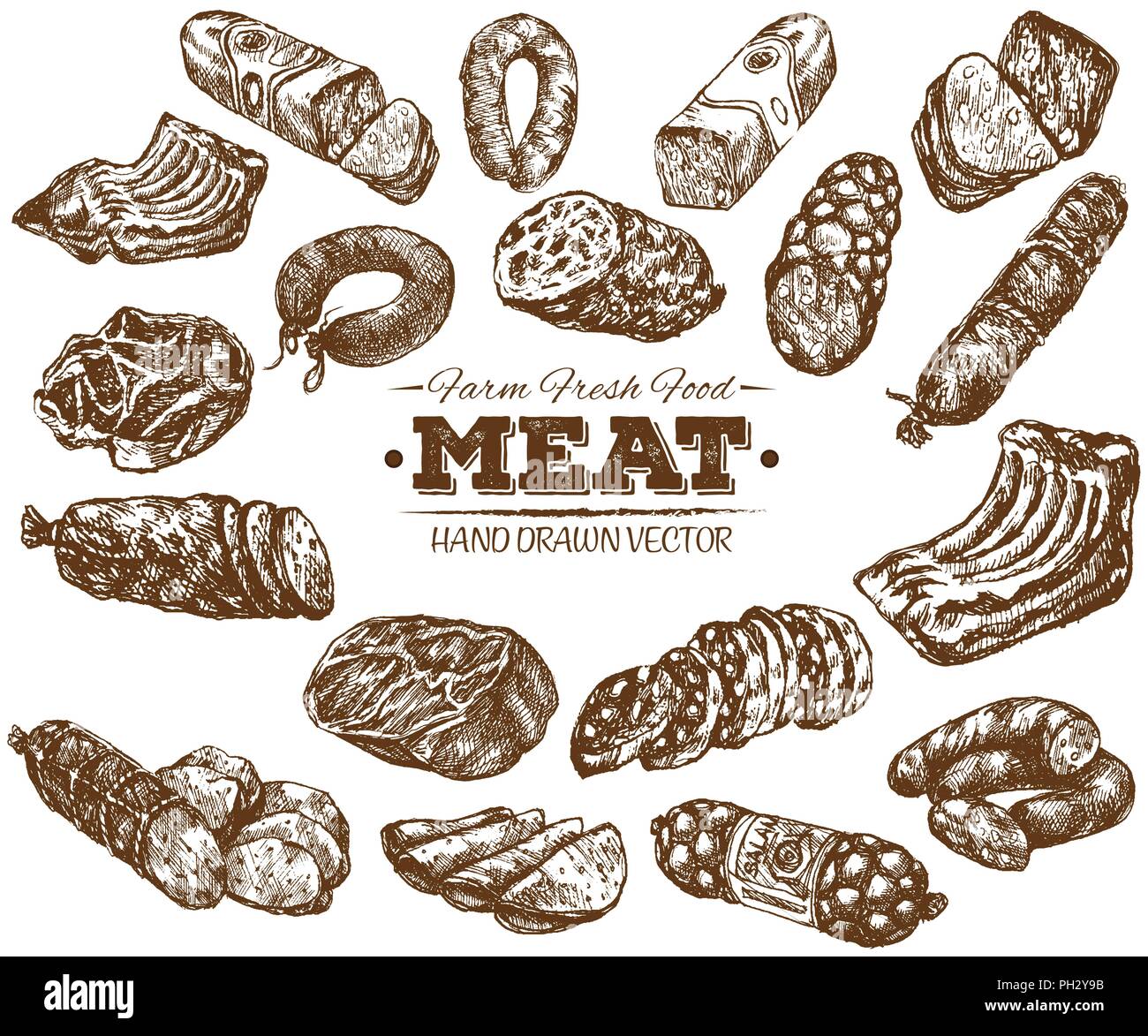 Hand drawn fresh farm meat bbq sketch collection, black and white ...