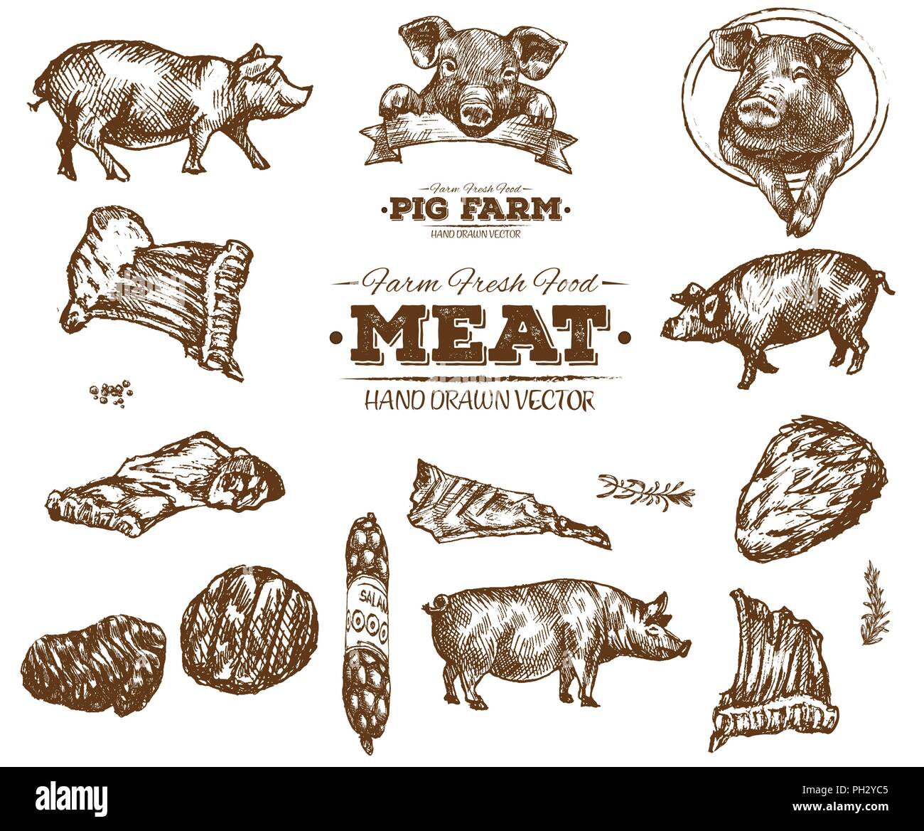 Hand drawn fresh farm meat bbq sketch collection, black and white ...