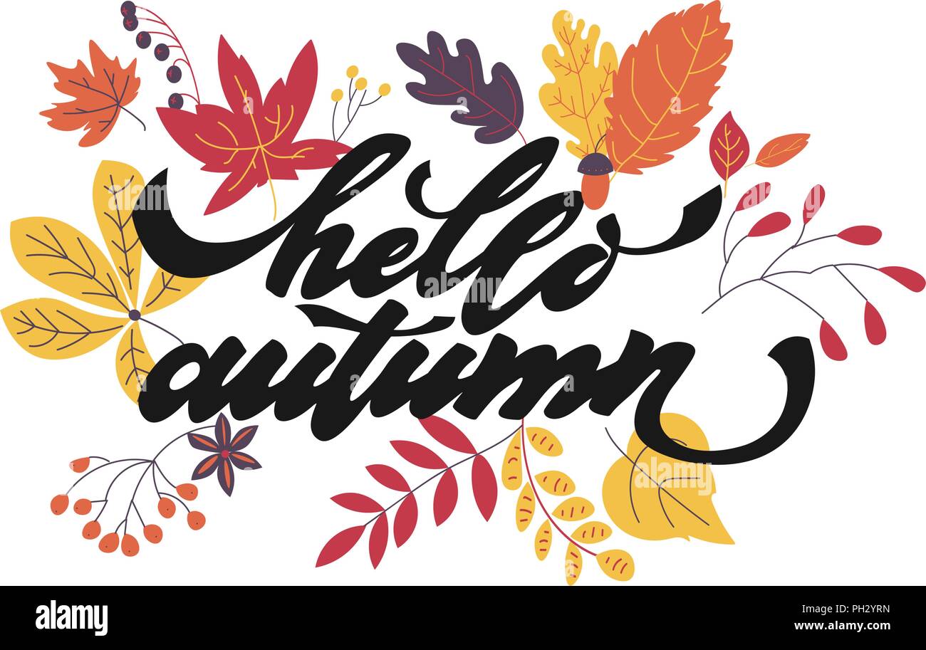 Hello autumn. Hand drawn calligraphy and brush pen lettering. design ...