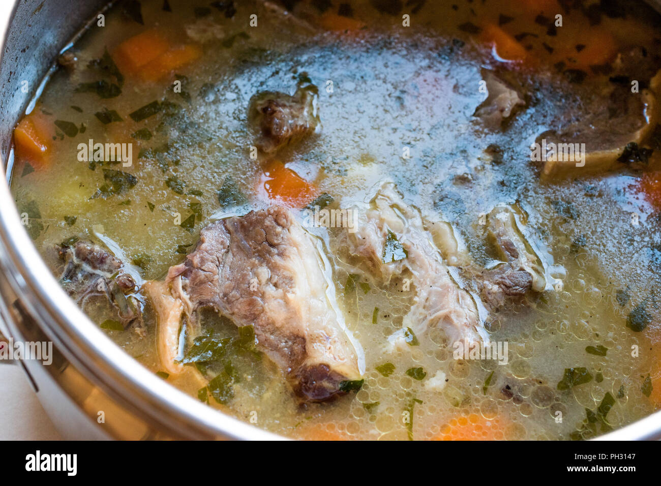 Homemade Meat Stew Beef Rip Soup with Vegetables in Pan. Traditional ...
