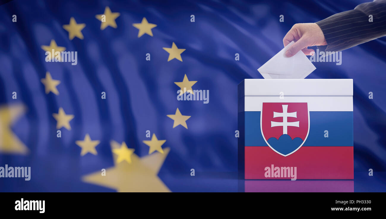 Elections in Slovakia for EU parliament. Hand inserting an envelope in ...