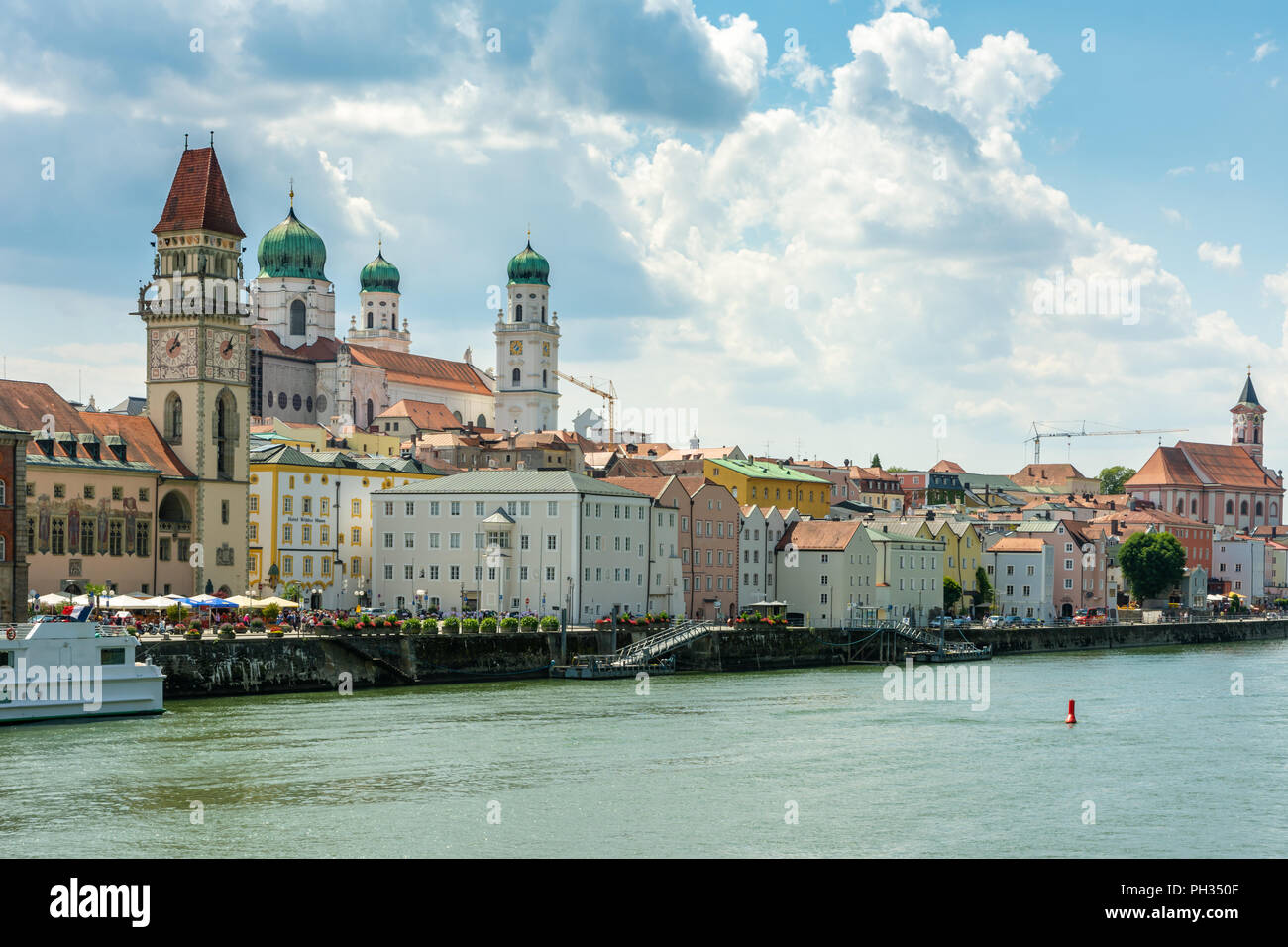 PASSAU, GERMANY - JULY 14: Waterfront of the Danube river in Passau ...