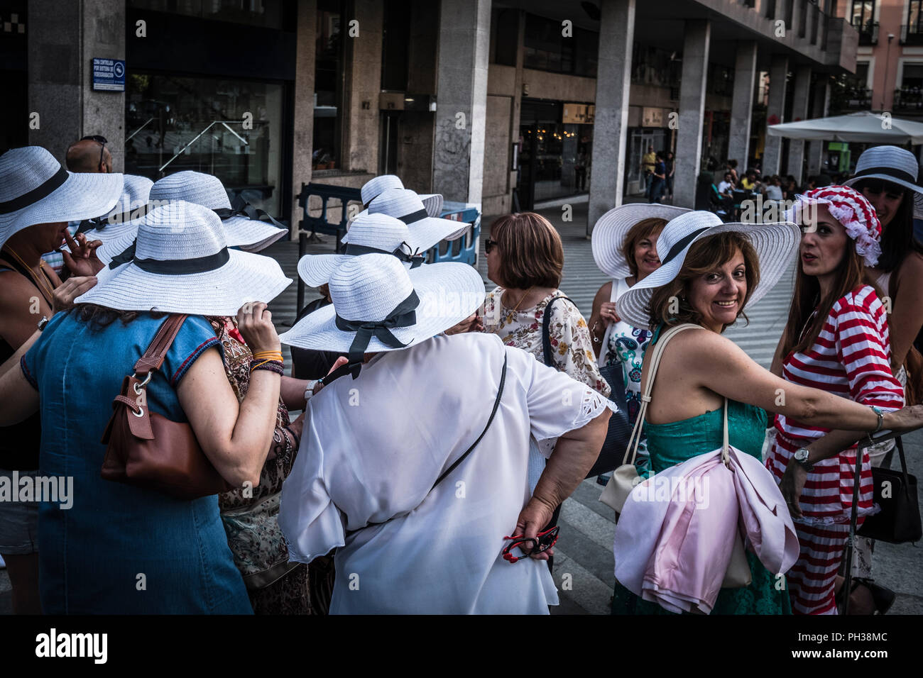 Group of women at a bachelorette party in the streets of Madrid, Spain ...