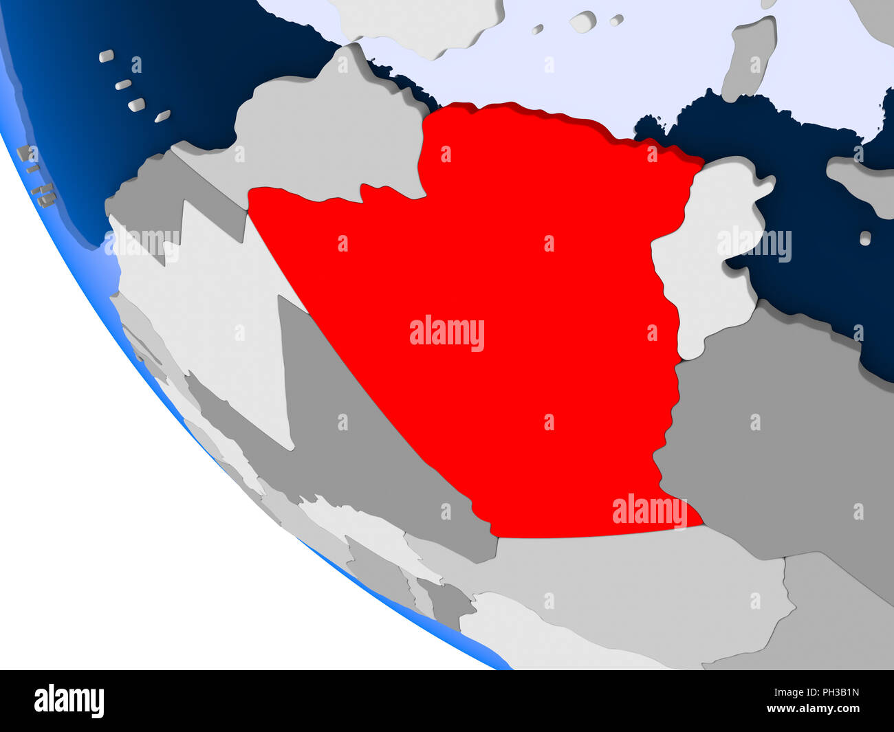 Map of Algeria in red on political globe with transparent oceans. 3D ...
