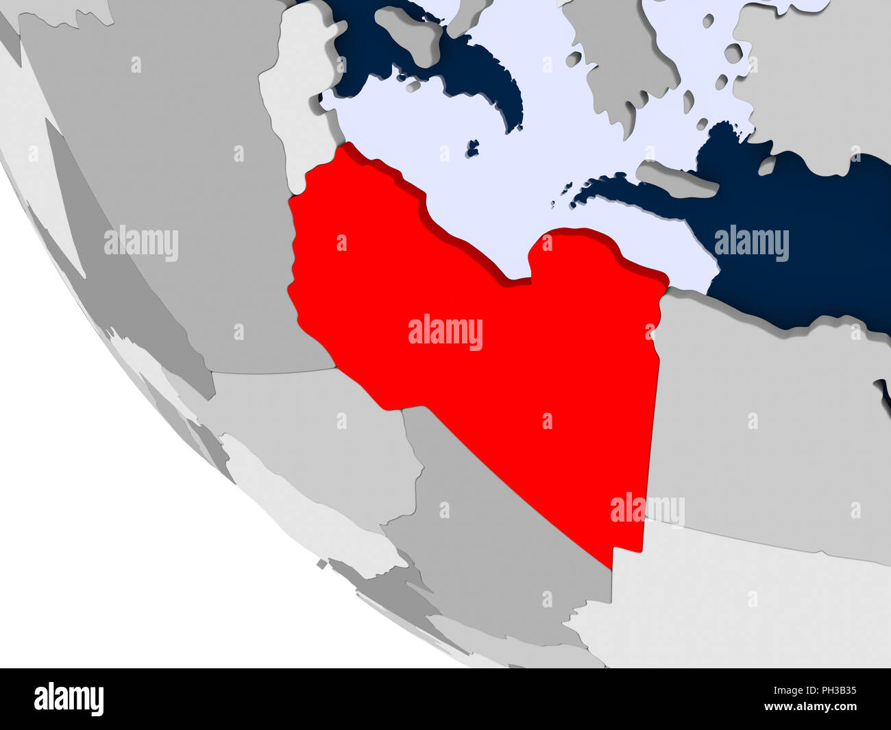 Map of Libya in red on political globe with transparent oceans. 3D ...