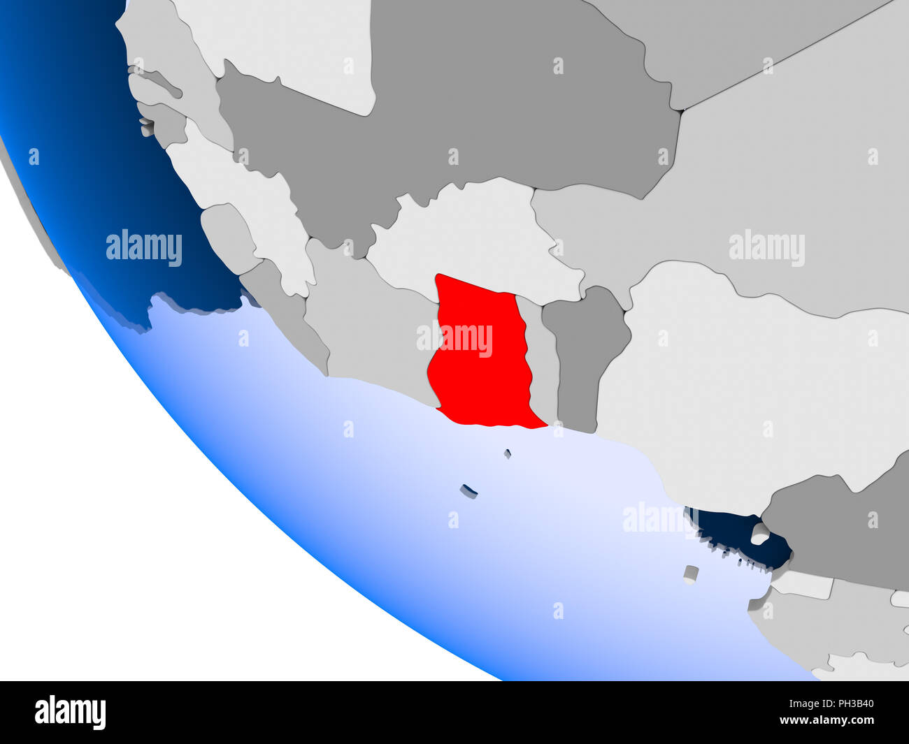 Map of Ghana in red on political globe with transparent oceans. 3D ...