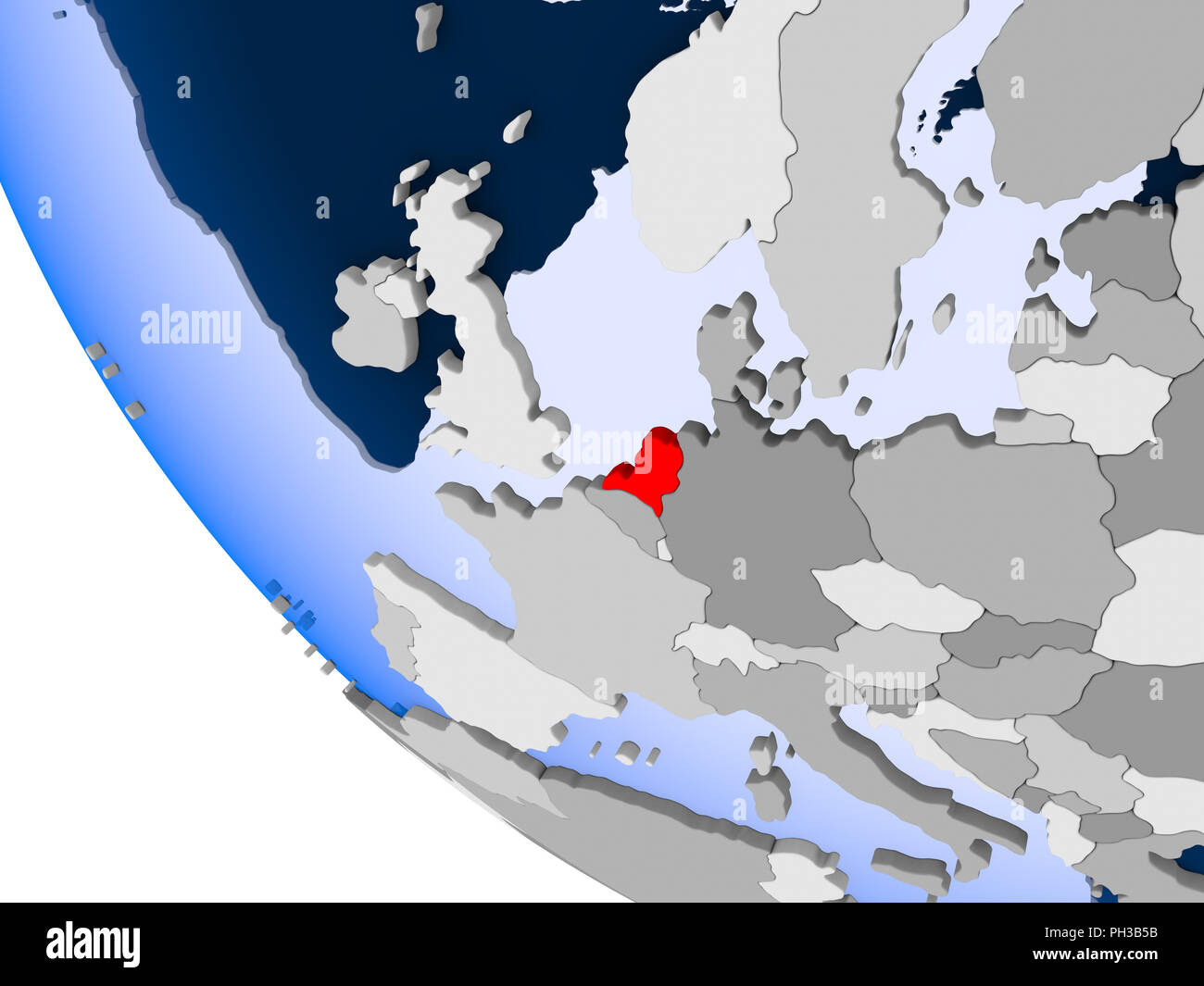 Map of Netherlands in red on political globe with transparent oceans ...