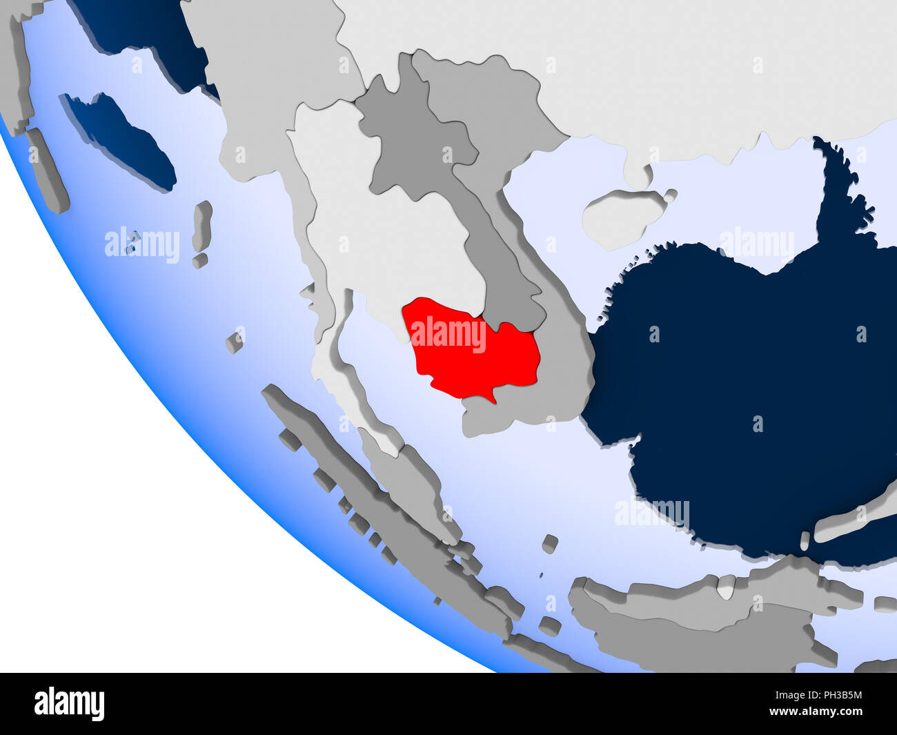 Map of Cambodia in red on political globe with transparent oceans. 3D ...
