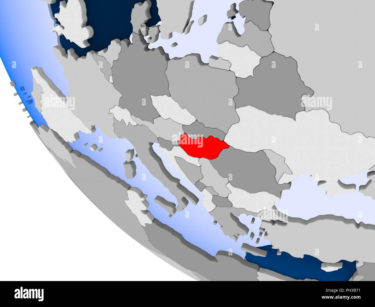 Map of Hungary in red on political globe with transparent oceans. 3D ...