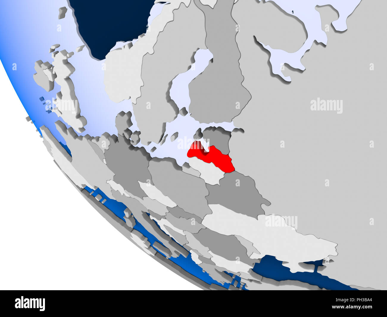 Map of Latvia in red on political globe with transparent oceans. 3D ...